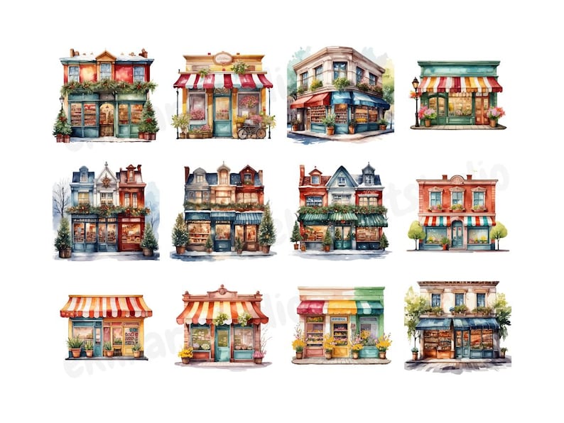 Storefronts Watercolor Clipart | PNG Bundle | Shop Front Illustrations ...