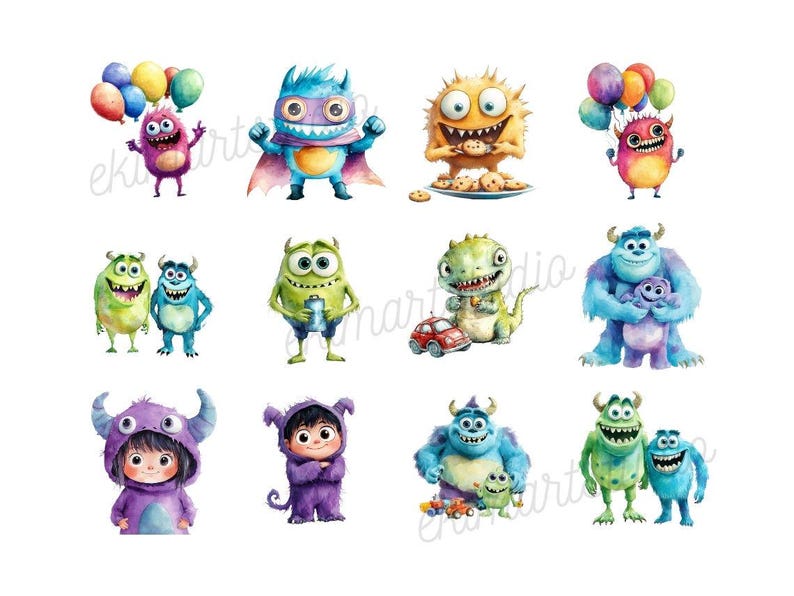 Cute Monsters Watercolor Clipart | Sticker | PNG Bundle | Digital ...