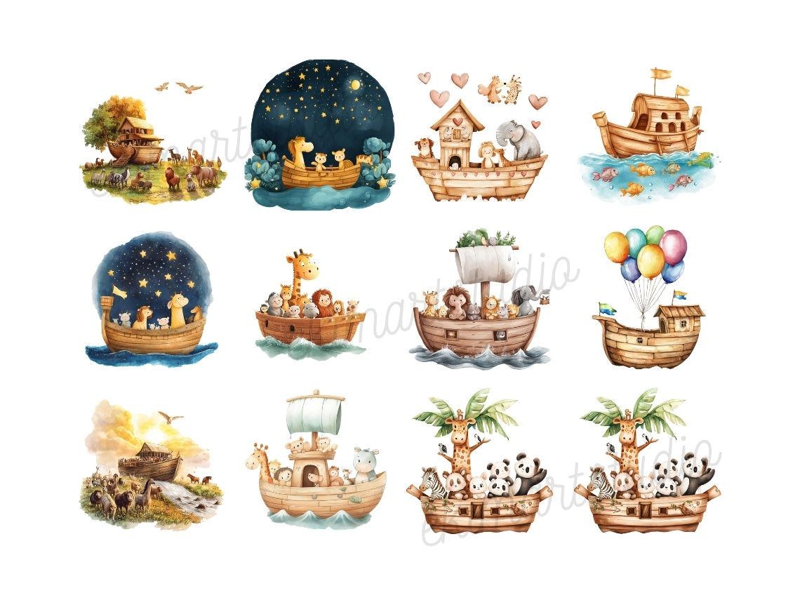 Noah's Ark Watercolor Clipart Sticker PNG Bundle Animal Clipart Digital ...