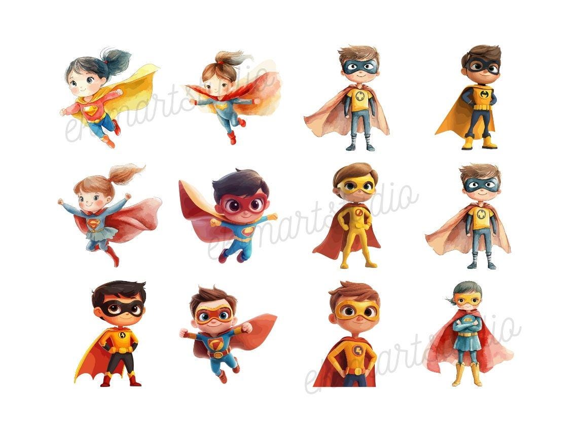 Superhero Kids Watercolor Clipart | Superhero Sticker | PNG Bundle ...
