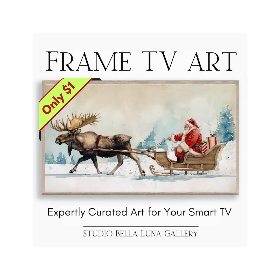 Frame TV Art Christmas Moose Pulling Santa's Sleigh a Tree Home ...