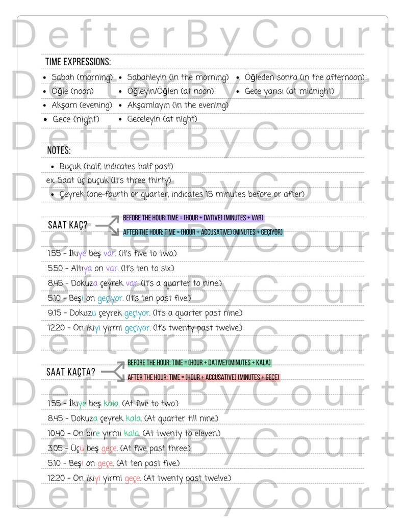 Telling Time in Turkish Guide - Etsy