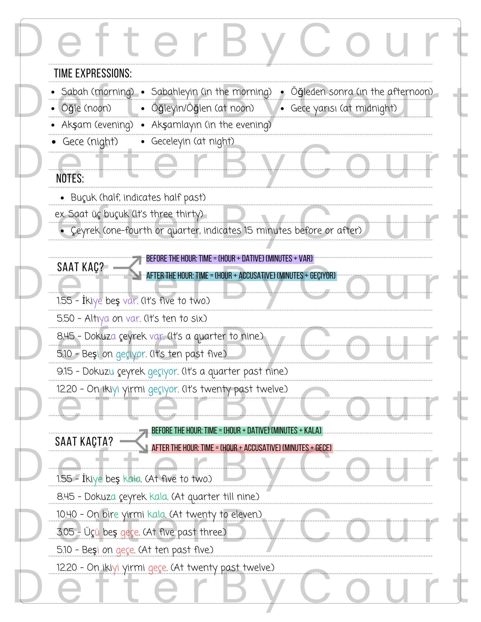 Telling Time in Turkish Guide - Etsy