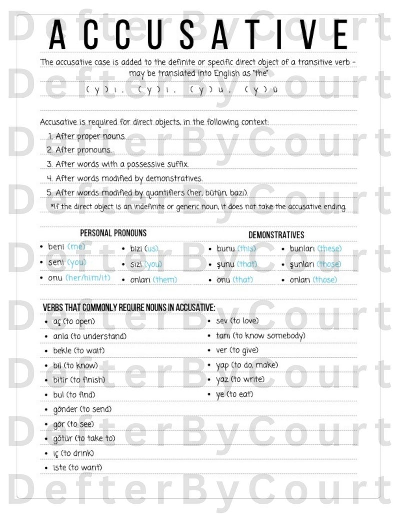 Turkish Cases (dative, Accusative, Locative, and Ablative) - Verbs - Etsy