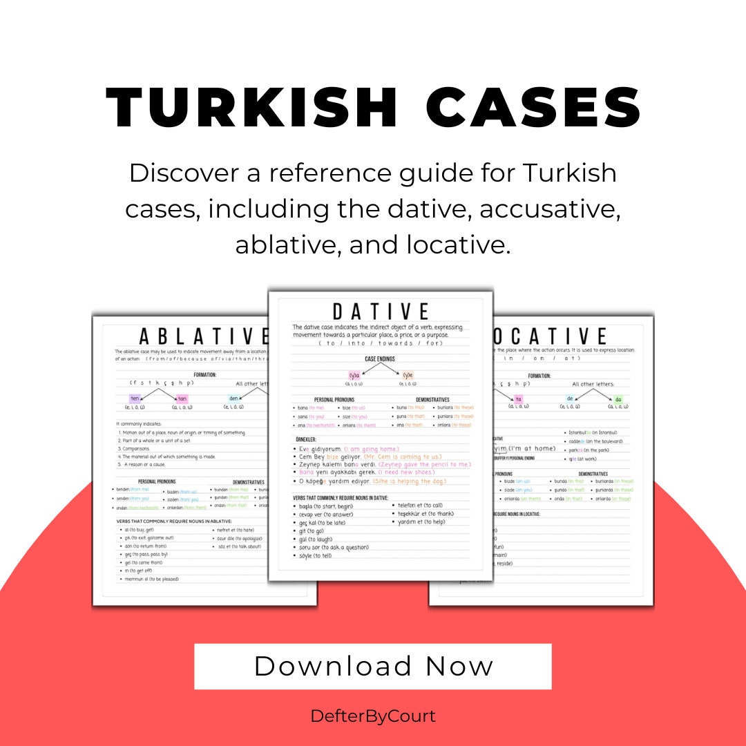 Turkish Cases (dative, Accusative, Locative, and Ablative) - Verbs - Etsy