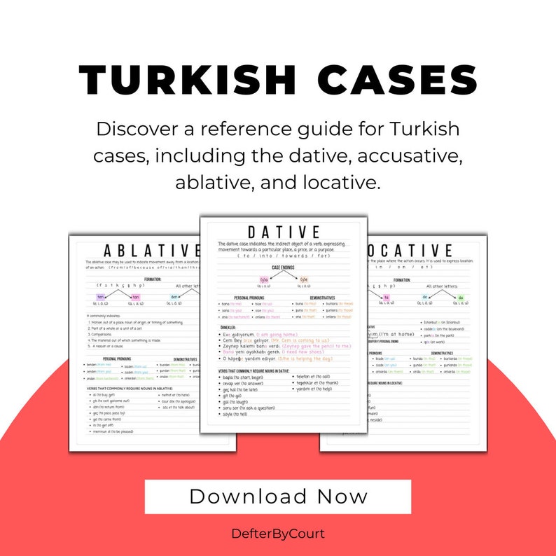 Turkish Cases (dative, Accusative, Locative, and Ablative) - Verbs - Etsy