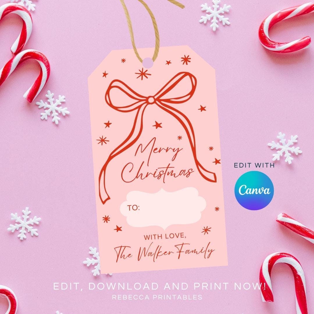 Bow Christmas Gift Tags Printable Pink Christmas Tags Editable Tags ...