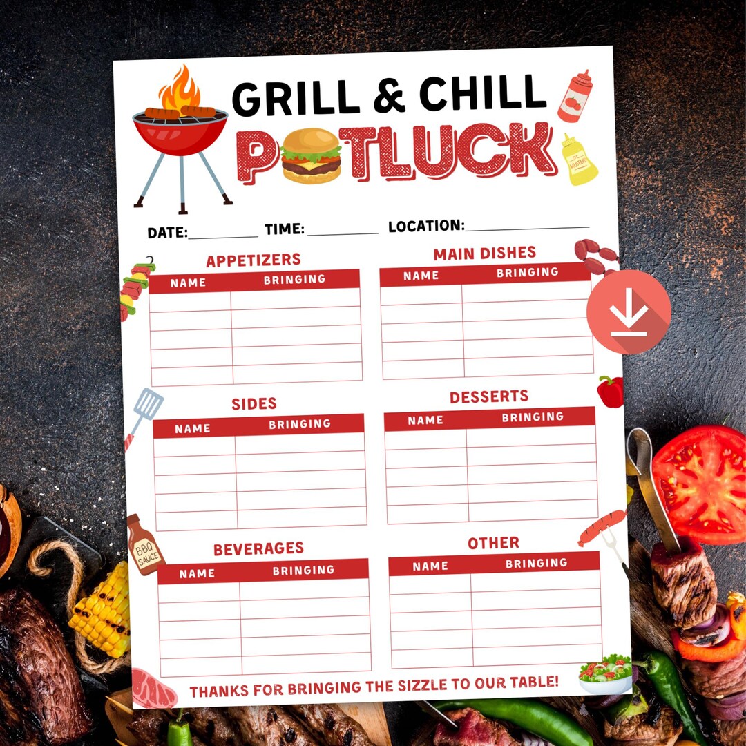 BBQ Potluck Sign up Sheet Summer BBQ Potluck Block Party Potluck ...