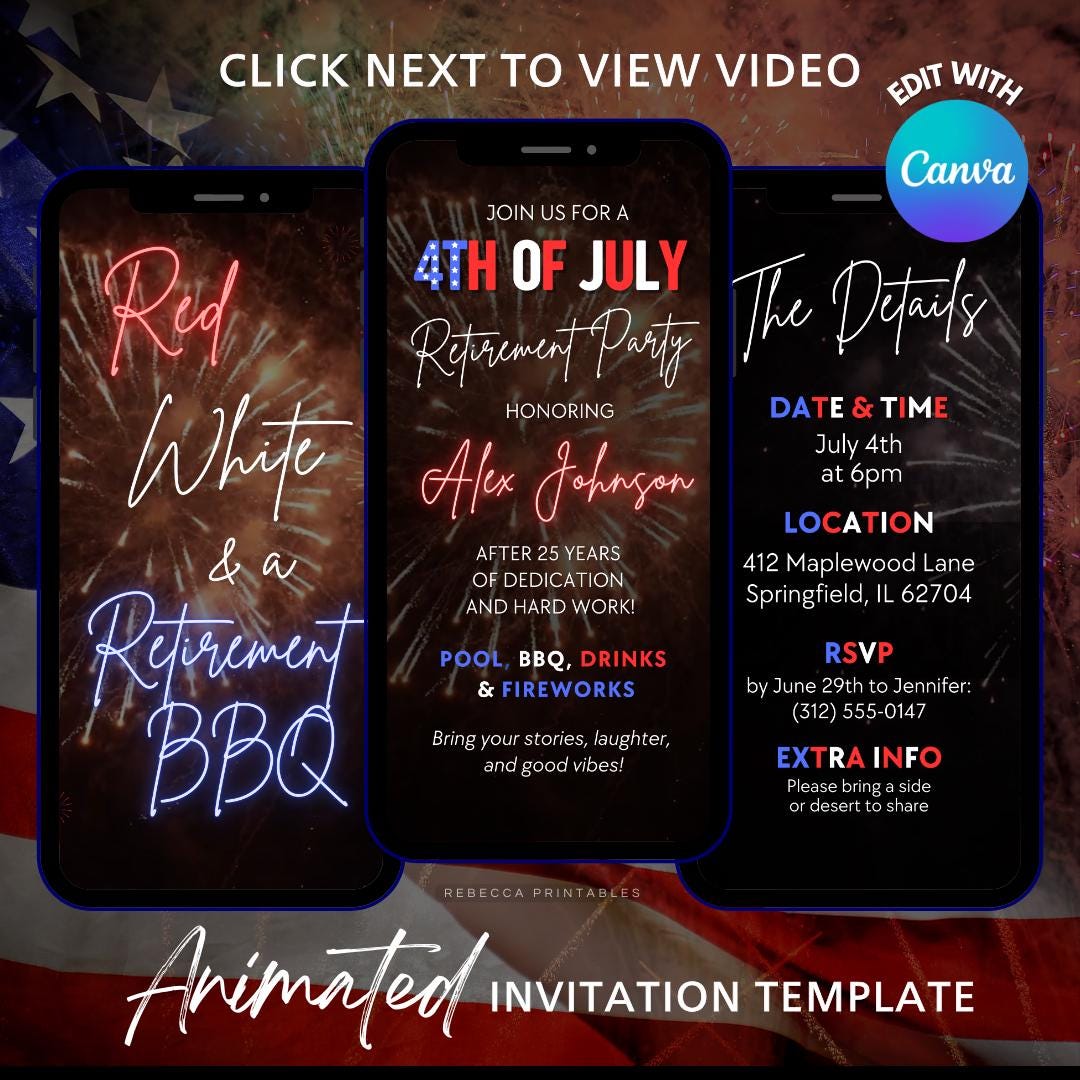4th of July Party Retirement Invitation Party Digital Invitation Canva ...