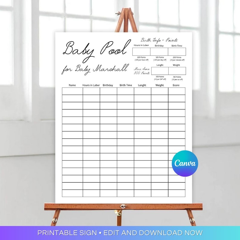 Baby Pool Game Baby Shower Printable Baby Predictions Game Editable ...