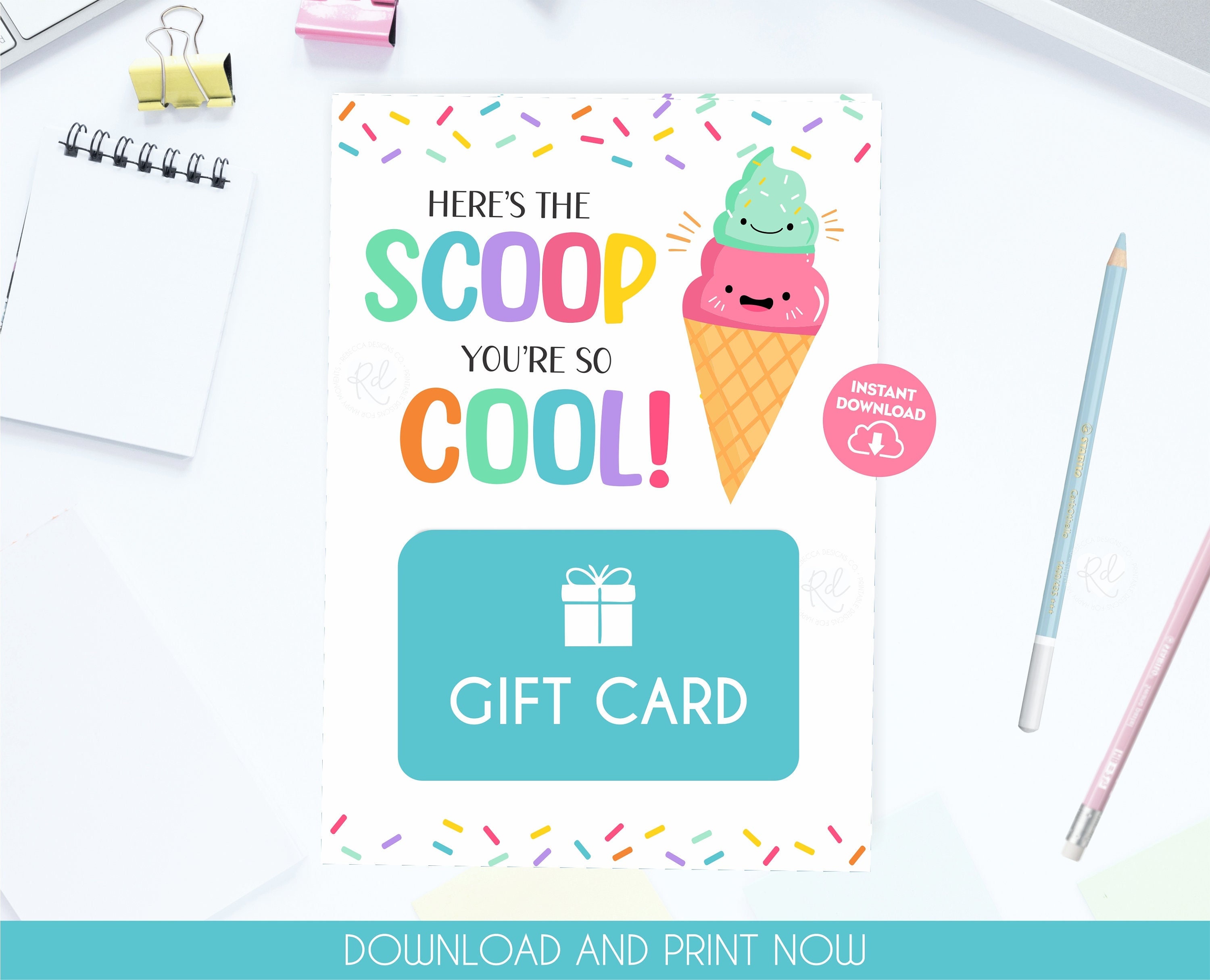 Ice Cream Gift Card Printable Here's the Scoop Gift Card Holder Teacher ...
