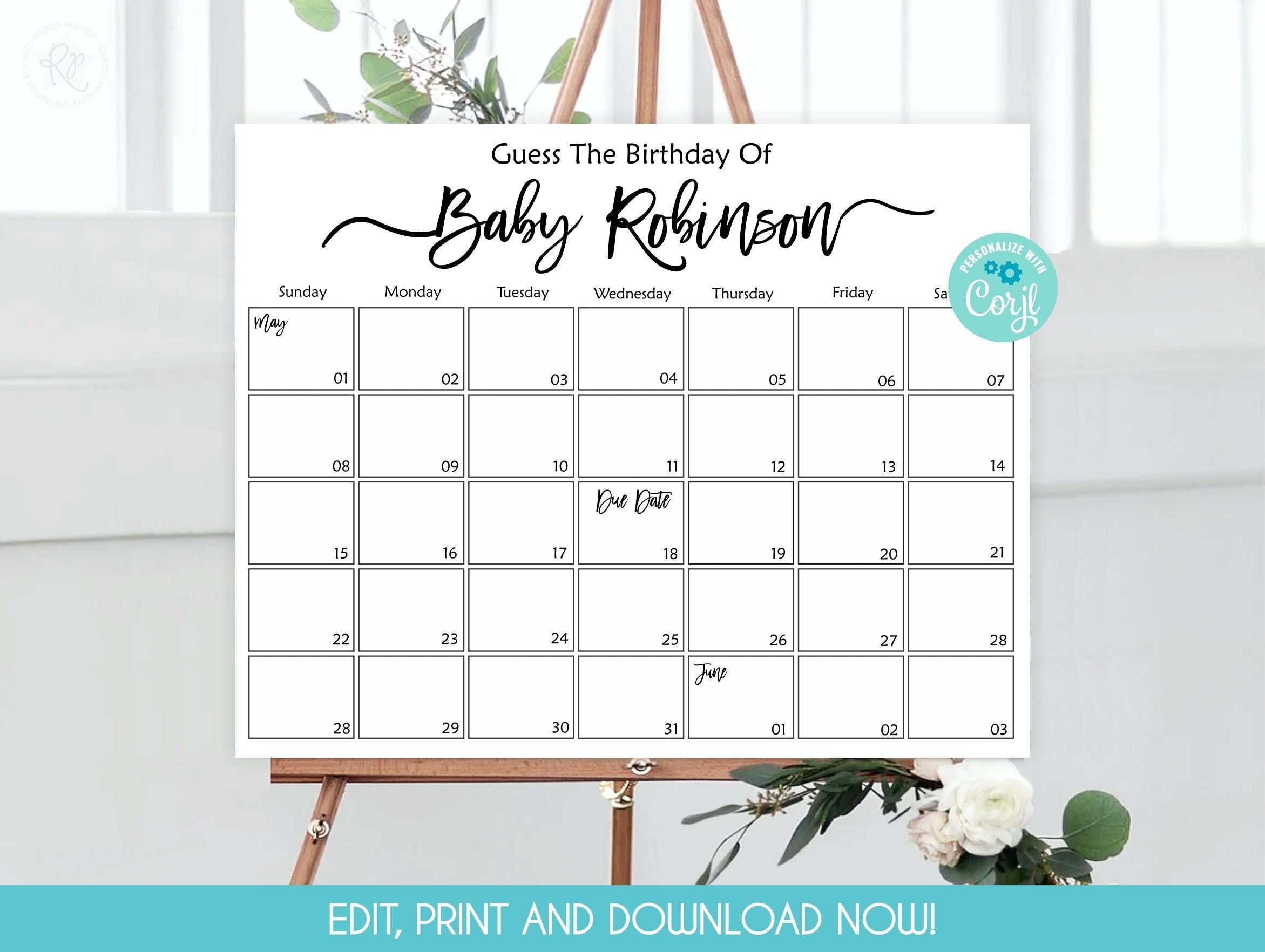 Baby Due Date Calendar Game Printable Baby Shower Guess the Date ...