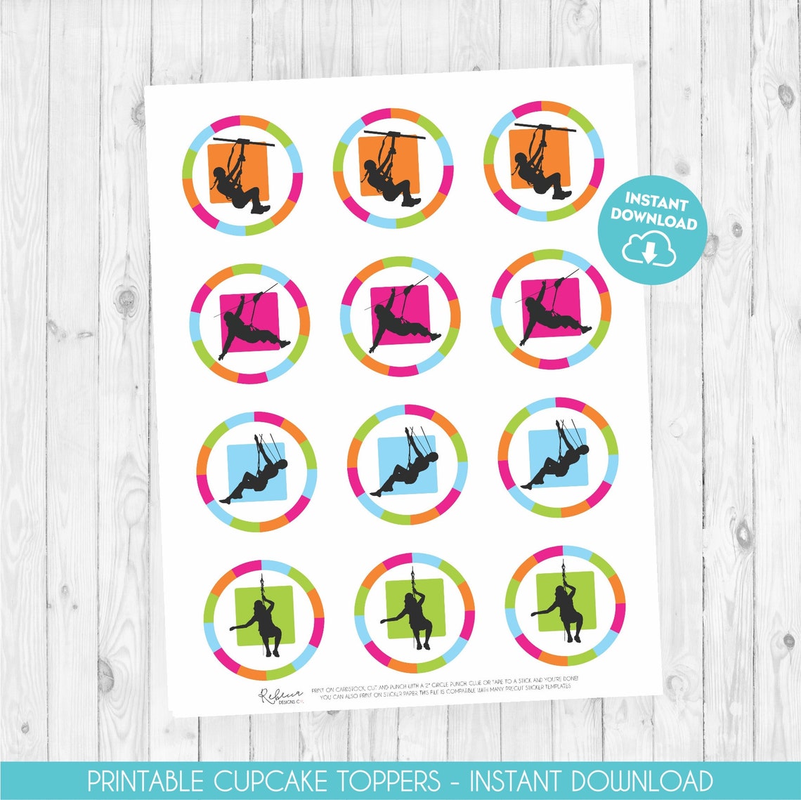 Zipline Cupcake Toppers Printable Girl Zipline Toppers Obstacle Course ...