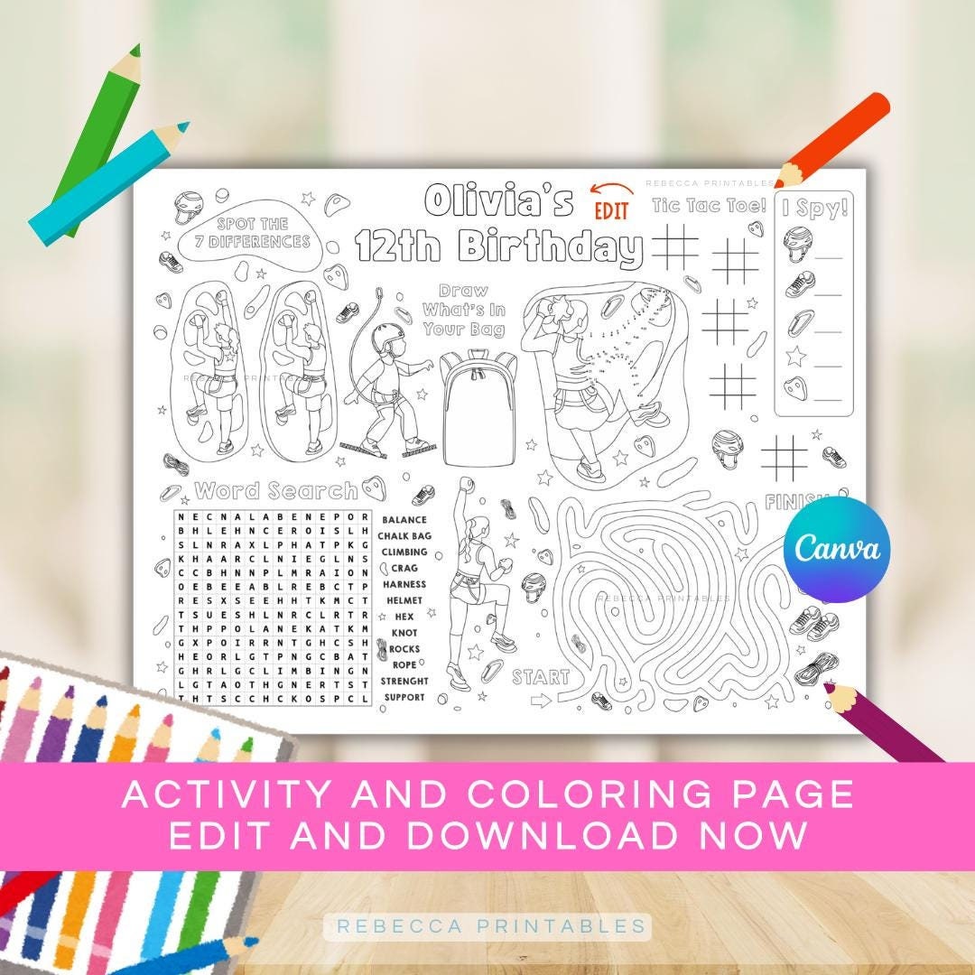 Rock Climbing Activity and Coloring Page Editable Girl Ropes Course ...