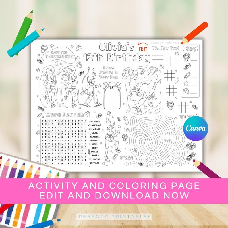 Rock Climbing Activity and Coloring Page Editable Girl Ropes Course ...