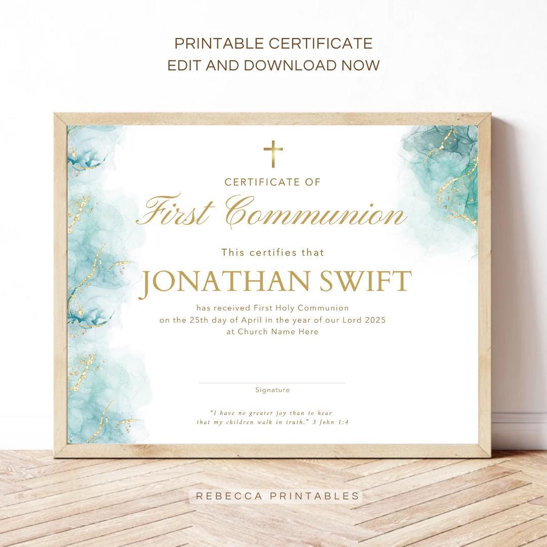 Editable Communion Certificate Template Green First Holy Communion ...