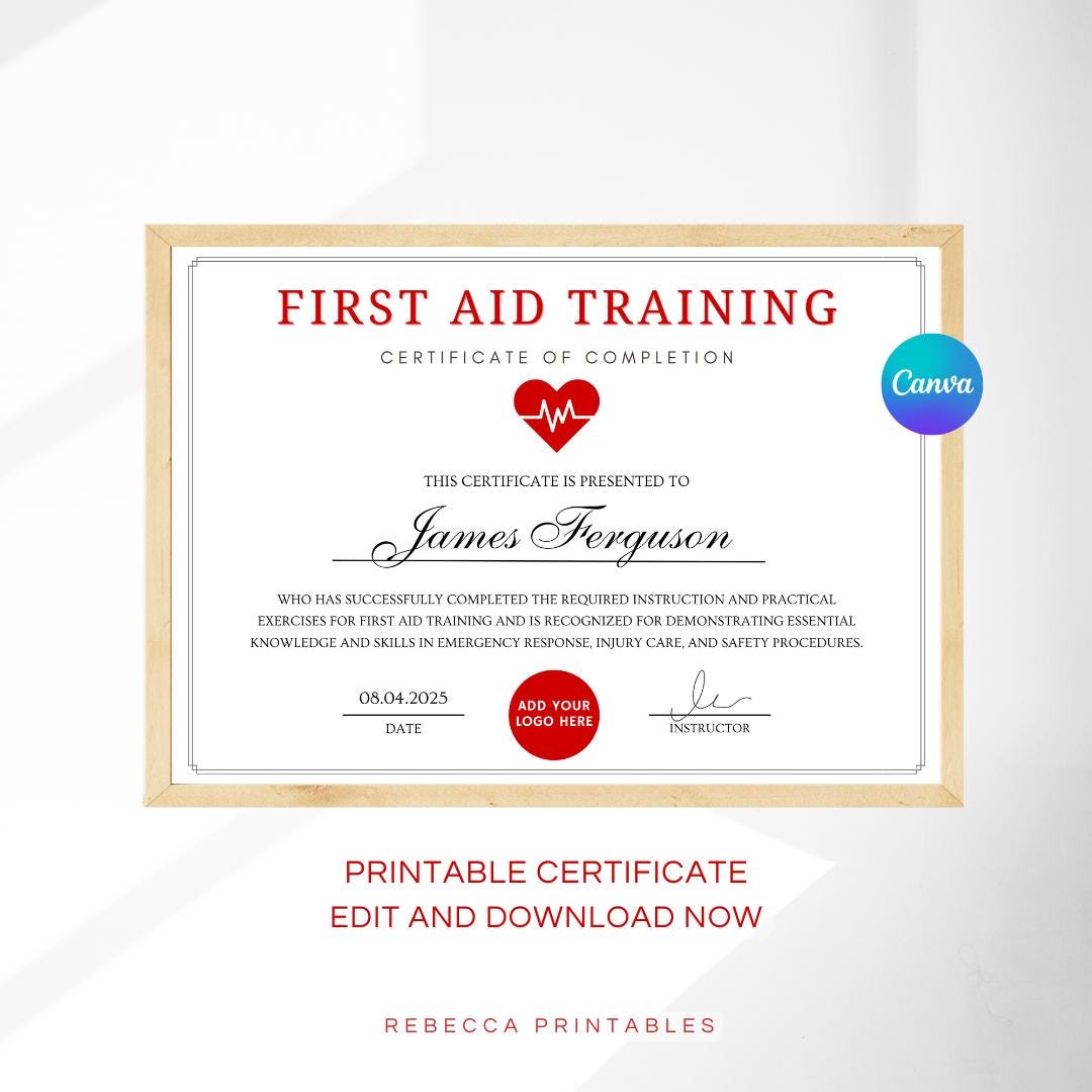 First Aid Certificate Template Editable CPR Certification Printable ...