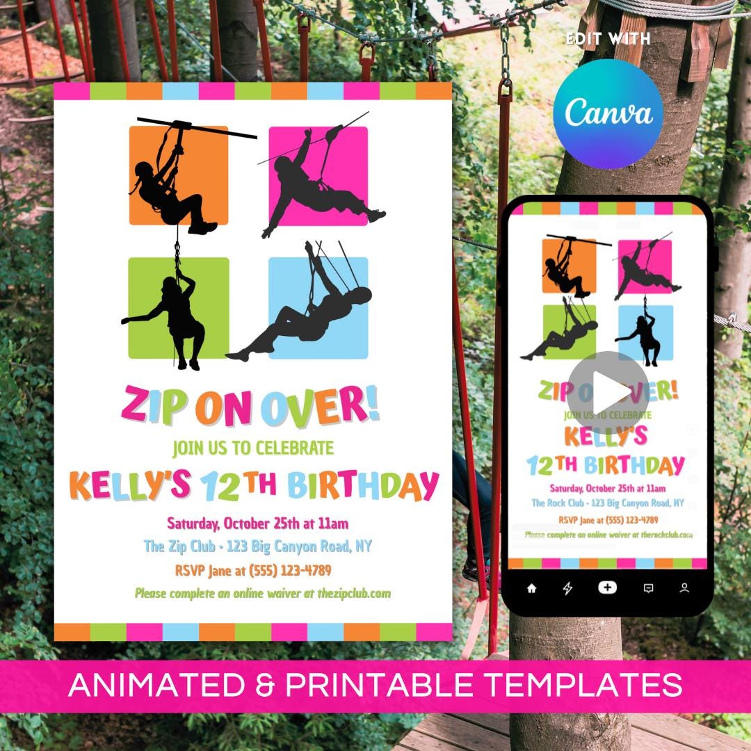 Zipline Invitation Girl Zipline Birthday Invitation Zip Line Party ...