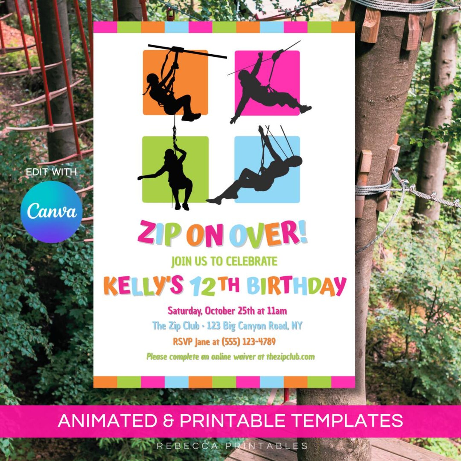 Zipline Invitation Girl Zipline Birthday Invitation Zip Line Party ...