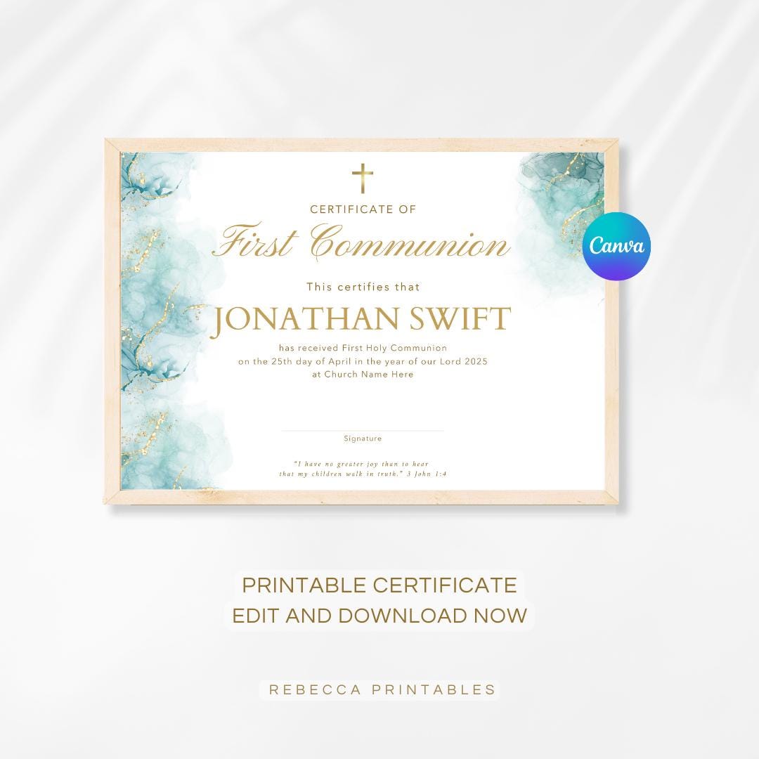 Editable Communion Certificate Template Green First Holy Communion ...