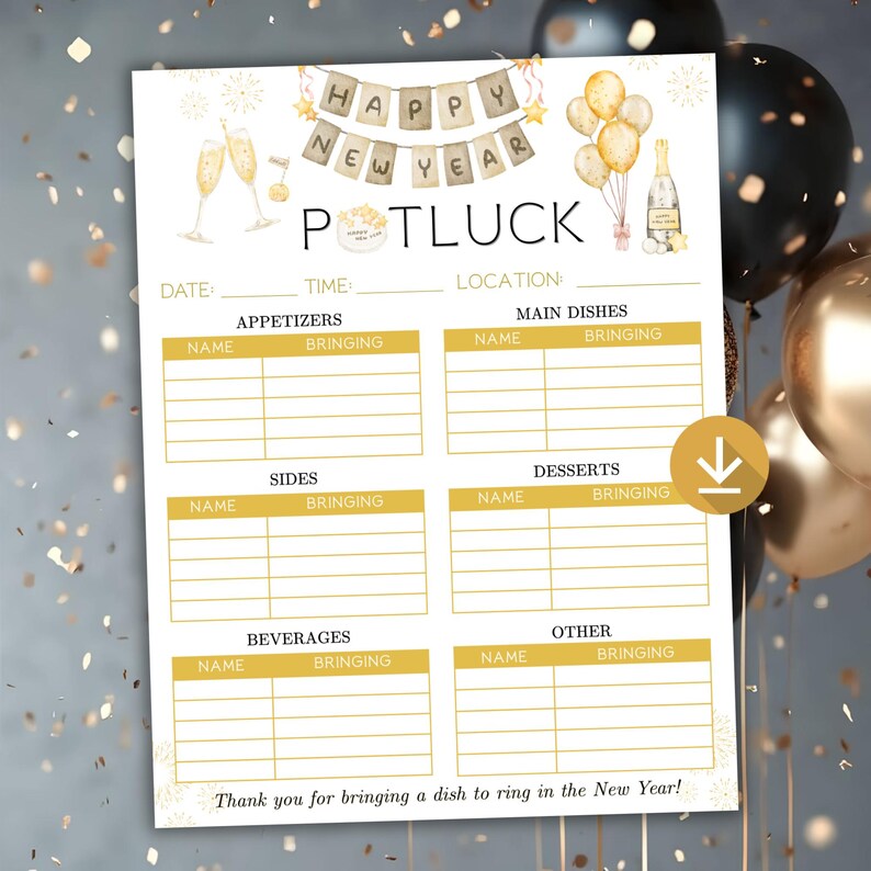 New Year's Potluck Page Sign up Sheet New Years Eve Dinner Planner ...