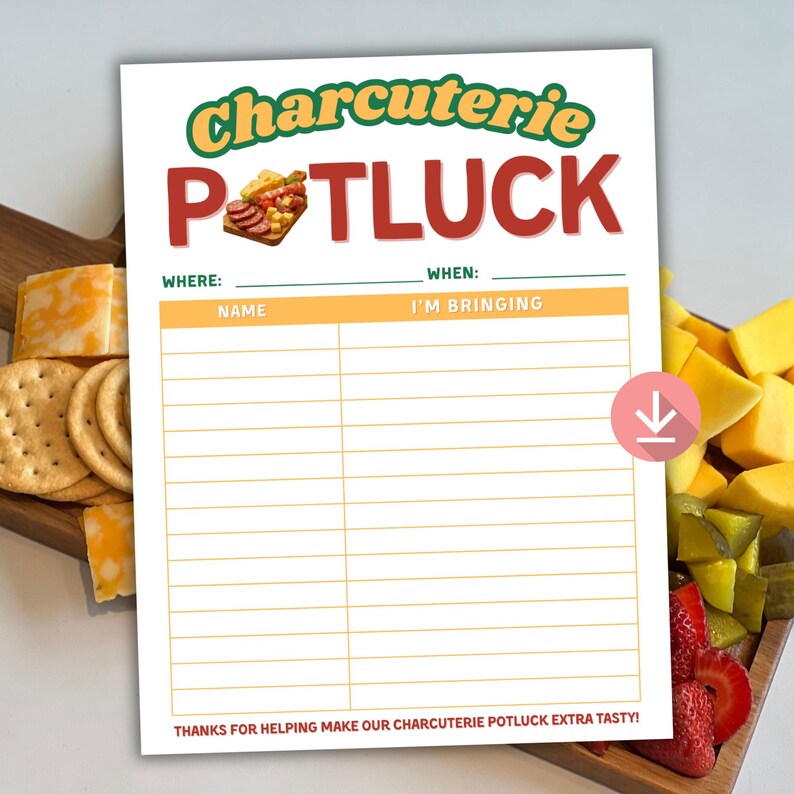 Charcuterie Potluck Sign up Sheet Planner Party Charcuterie Dinner Food ...