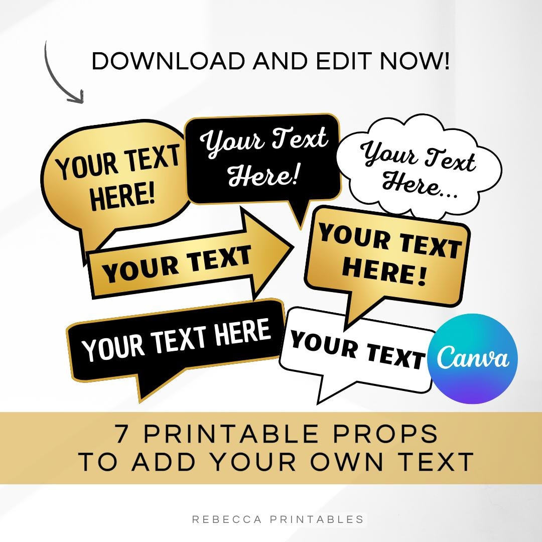 Editable Photo Booth Props Canva Template Custom Party Photo Booth Gold ...