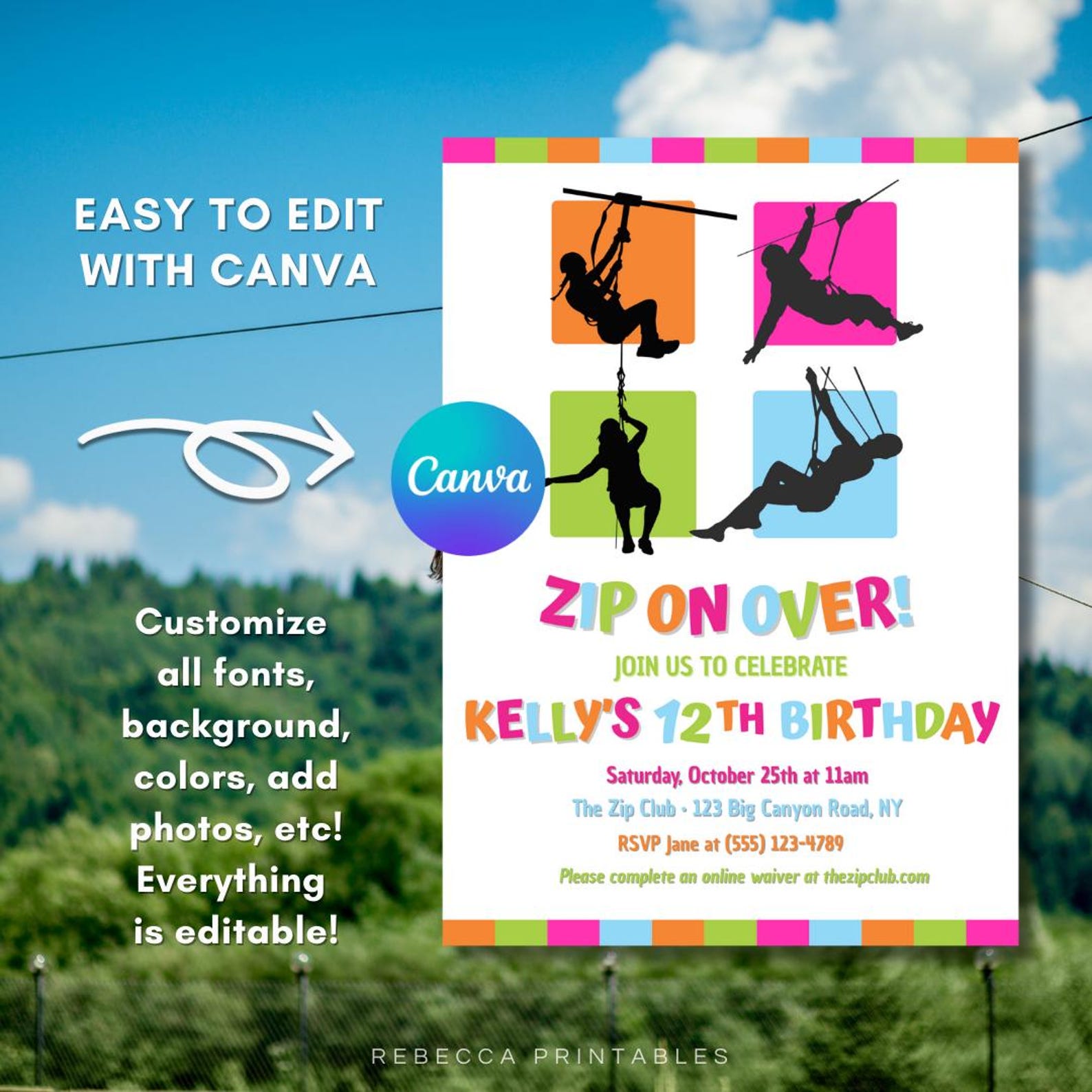 Zipline Invitation Girl Zipline Birthday Invitation Zip Line Party ...