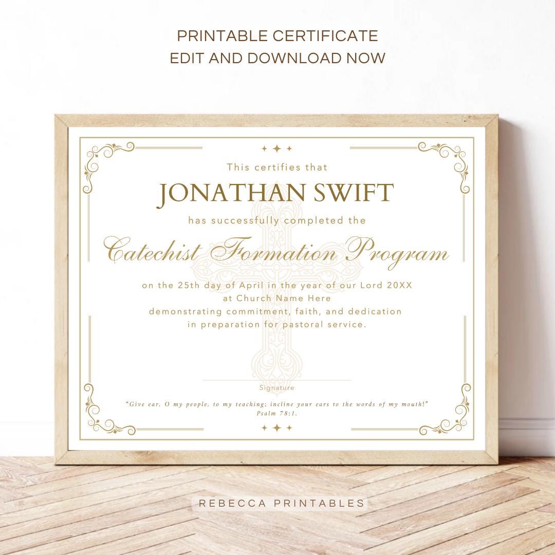 Editable Catechist Certificate of Completion Catechism Certificate Printable Catechist Diploma ...