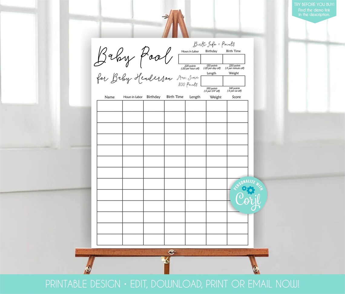 Baby Pool Game Baby Shower Printable Baby Predictions Game Editable ...