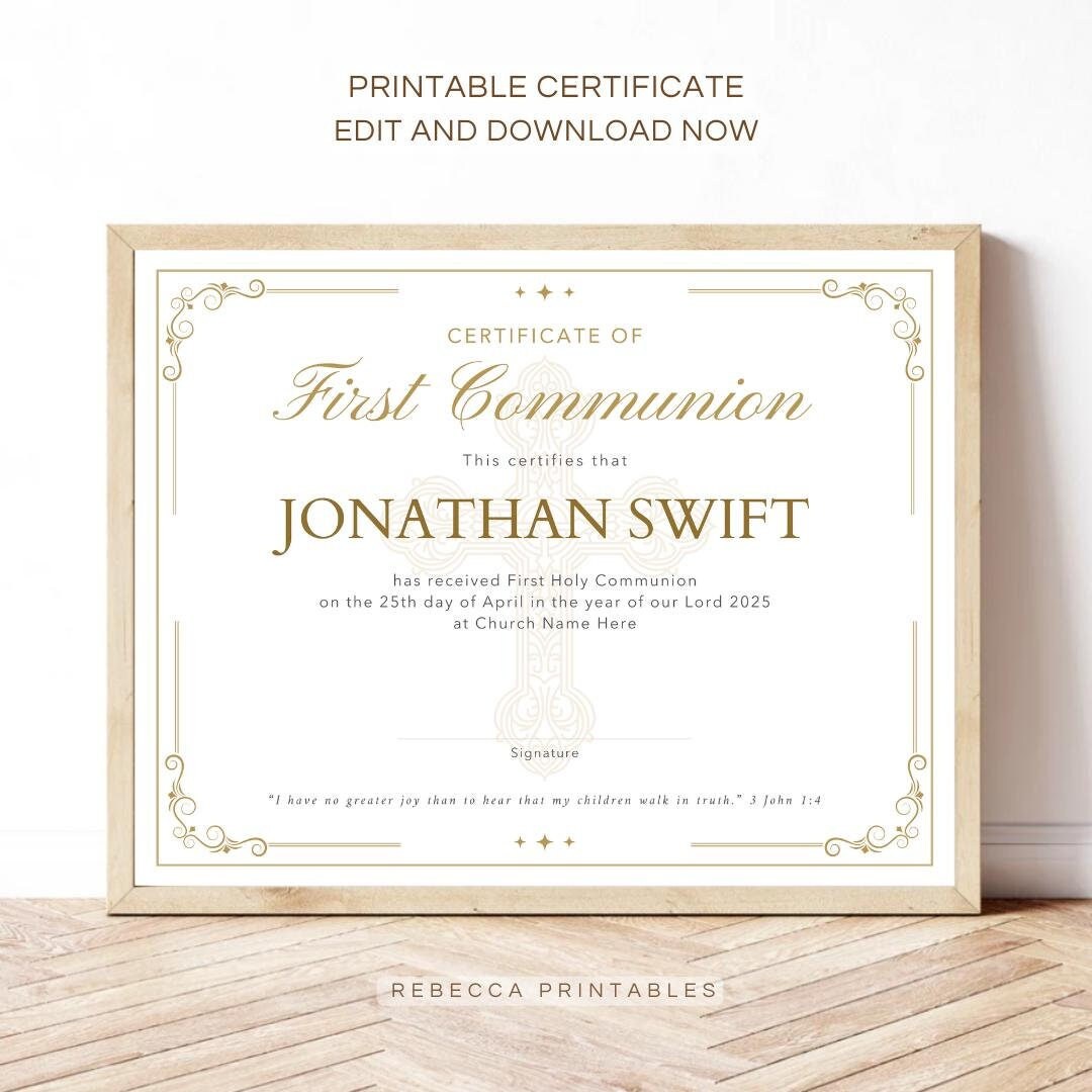 First Communion Certificate Template Editable Girl First Holy Communion ...
