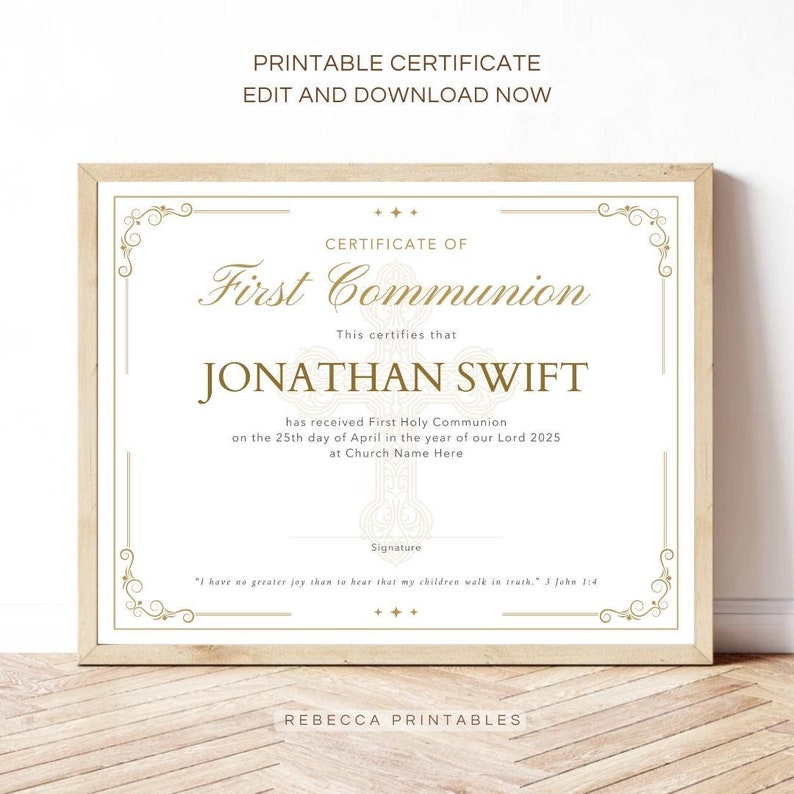 First Communion Certificate Template Editable Girl First Holy Communion ...