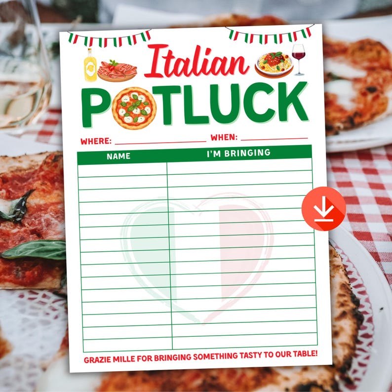 Italian Potluck Sign-up Sheet Italian Food Party Printable Office ...