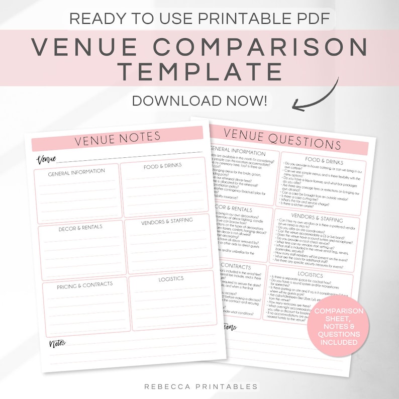 Venue Comparison Printable Wedding Planning Event Planning Venue ...