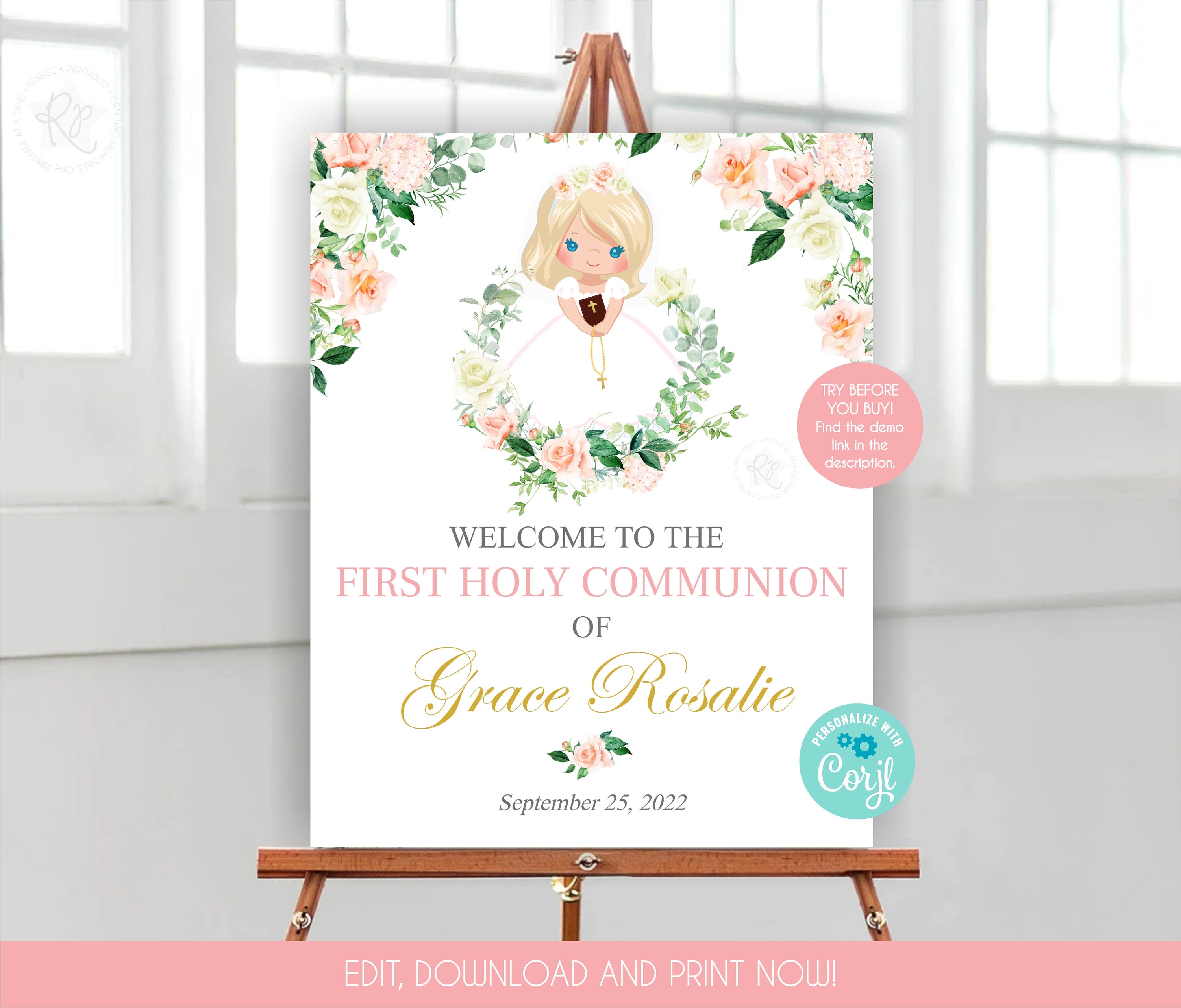 Girl First Communion Sign Printable Communion Welcome Sign Girl ...