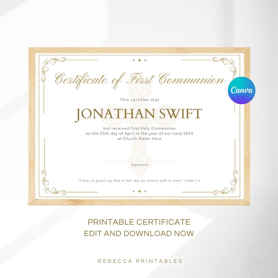 First Communion Certificate Template Editable Girl First Holy Communion ...