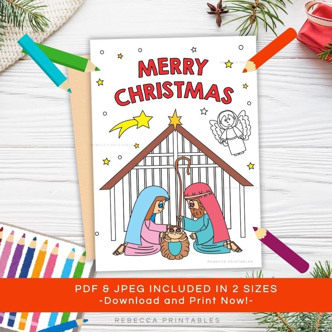 Nativity Coloring Card Printable Christmas Colouring Greeting Card for ...