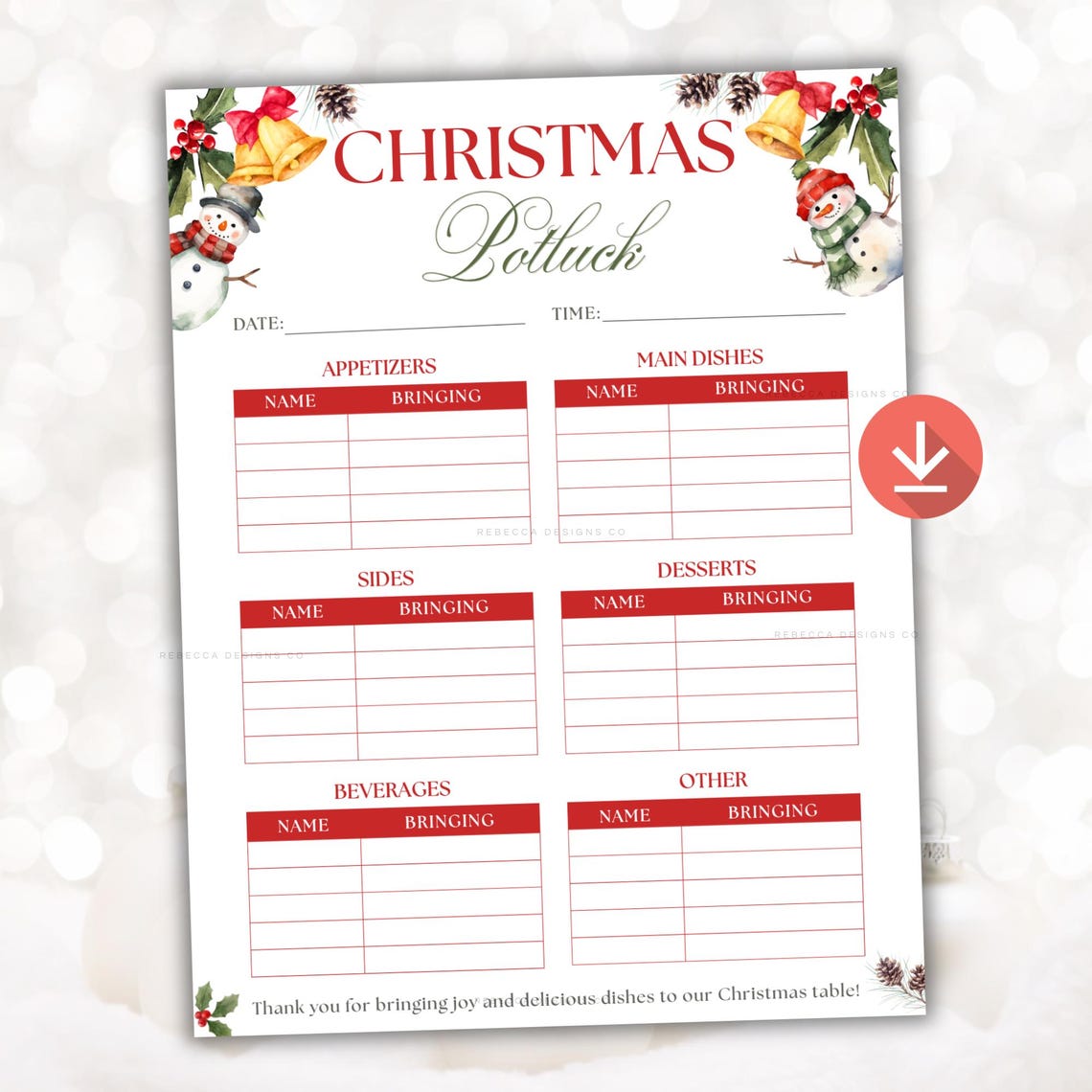 Christmas Potluck Sign up Sheet Planner Printable Office Christmas ...