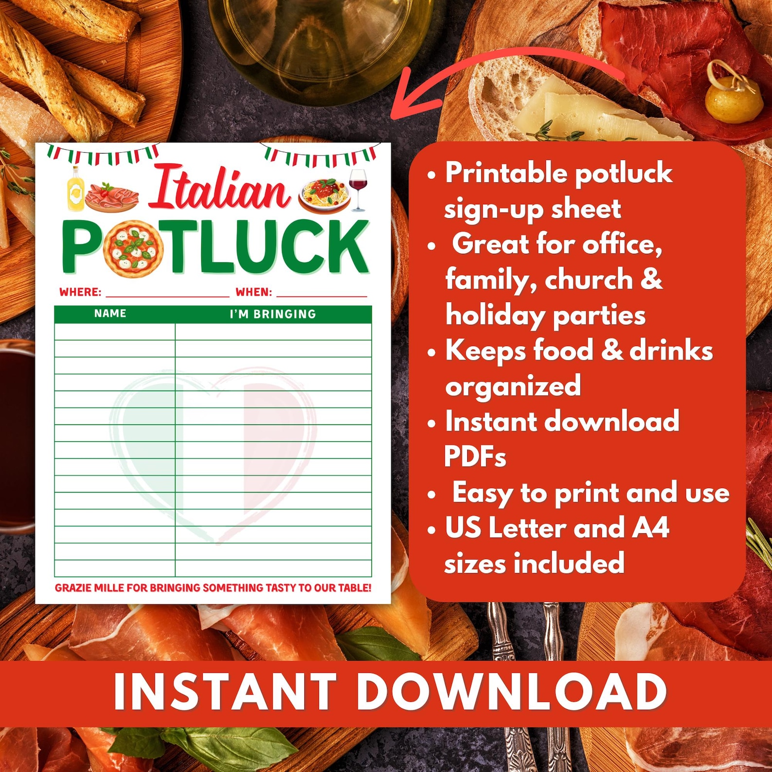 Italian Potluck Sign-up Sheet Italian Food Party Printable Office ...
