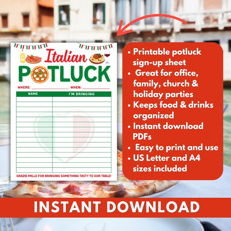 Italian Potluck Sign-up Sheet Italian Food Party Printable Office ...