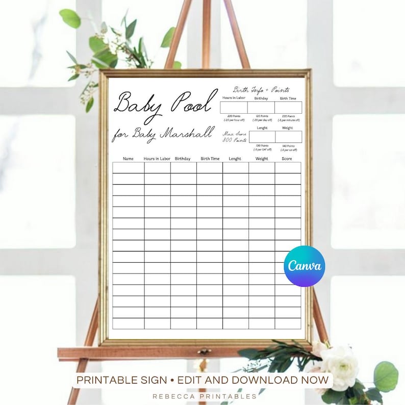 Baby Pool Game Baby Shower Printable Baby Predictions Game Editable ...