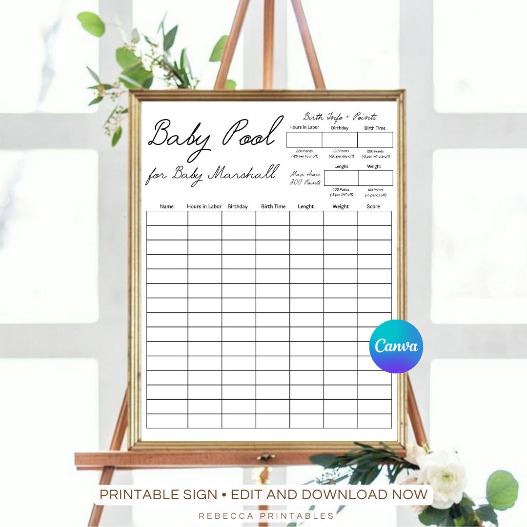 Baby Pool Game Baby Shower Printable Baby Predictions Game Editable ...