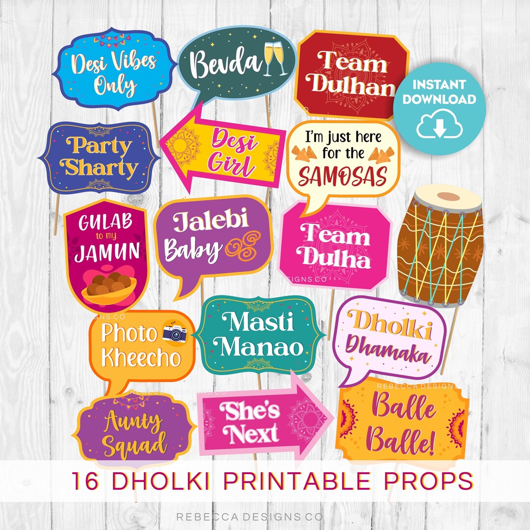 Dholki Props Party Printable Desi Wedding Photo Booth Props Dholki ...