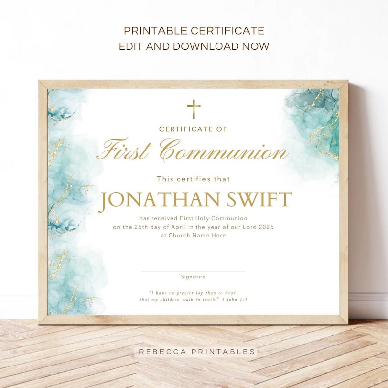 Editable First Communion Certificate: Green & Gold Printable (canva ...