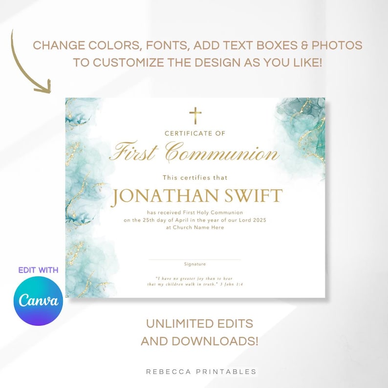 Editable First Communion Certificate: Green & Gold Printable (canva ...
