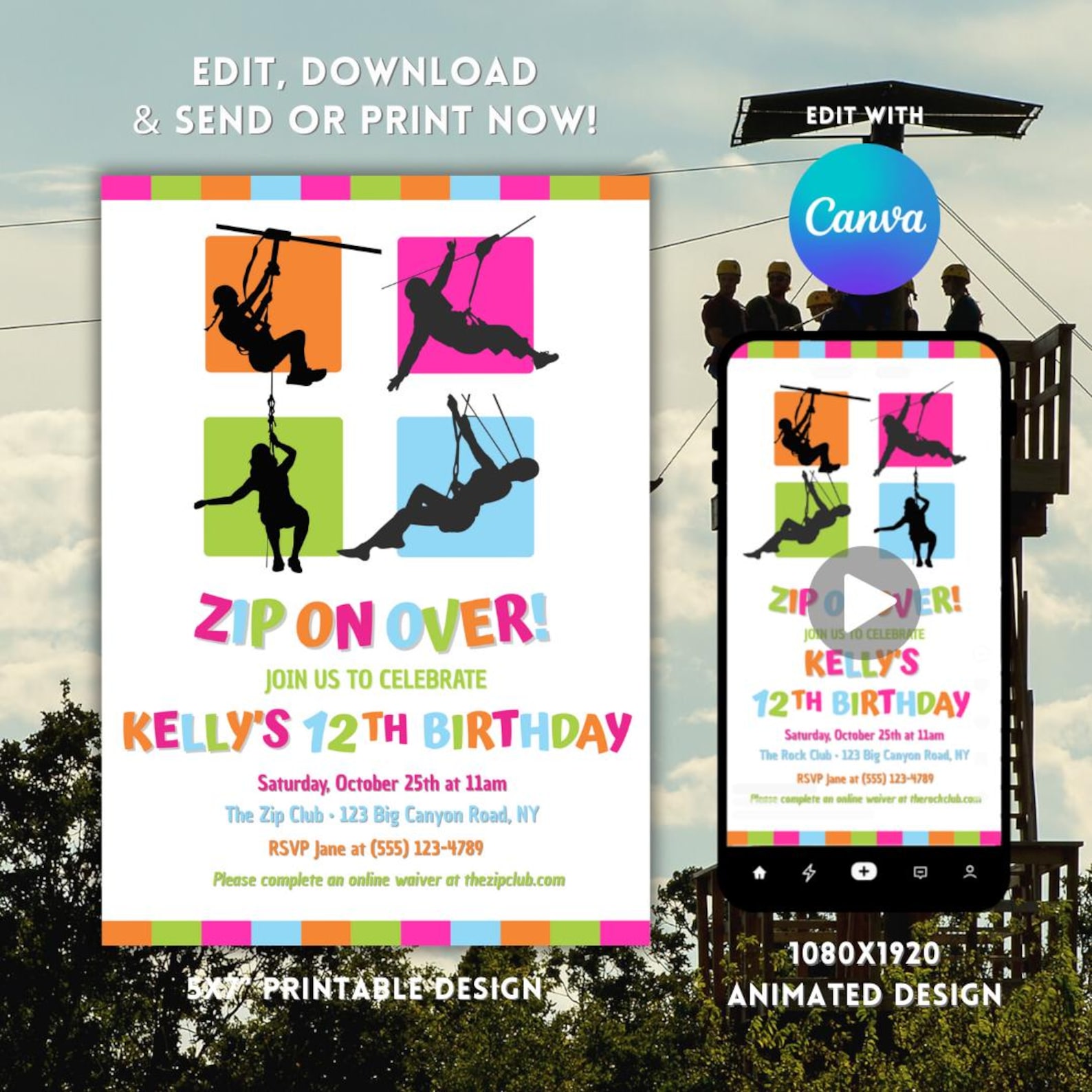 Zipline Invitation Girl Zipline Birthday Invitation Zip Line Party ...