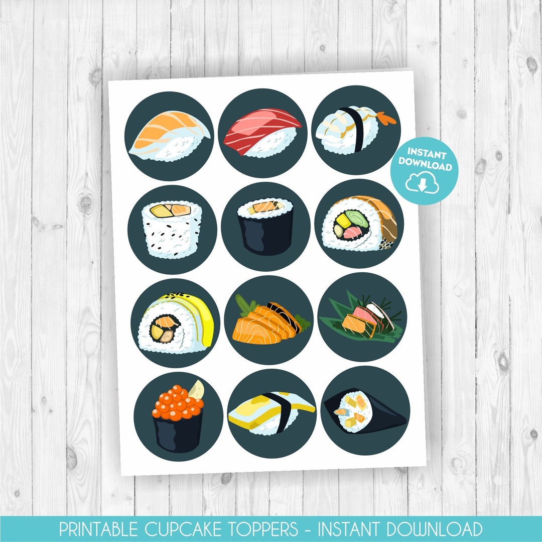 Sushi Cupcake Toppers Printable Sushi Stickers Sushi Birthday Decor ...