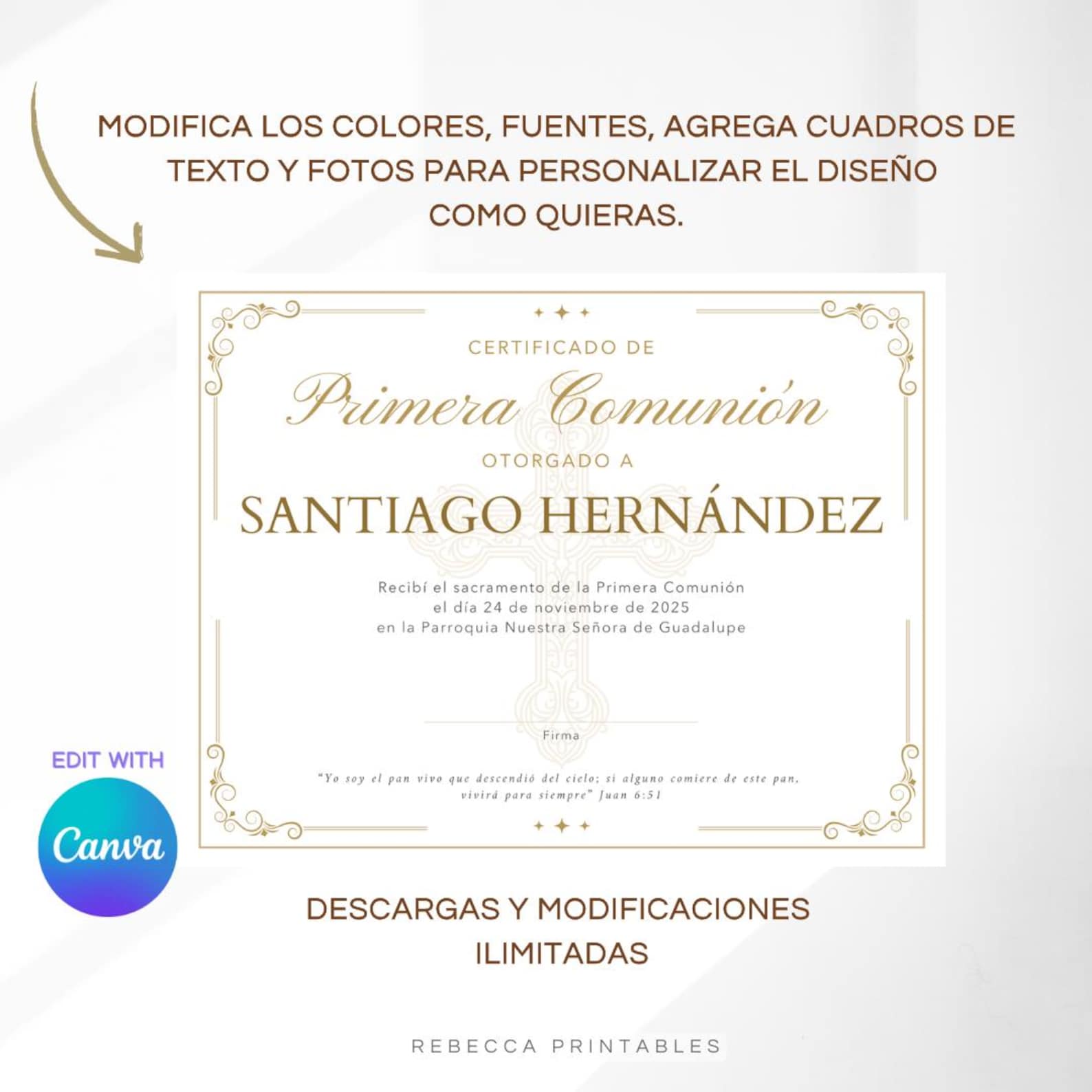 Certificado De Primera Comunion Editable Plantilla Canva Diploma ...