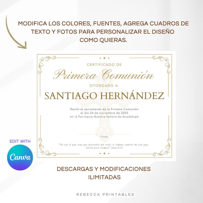 Certificado De Primera Comunion Editable Plantilla Canva Diploma ...