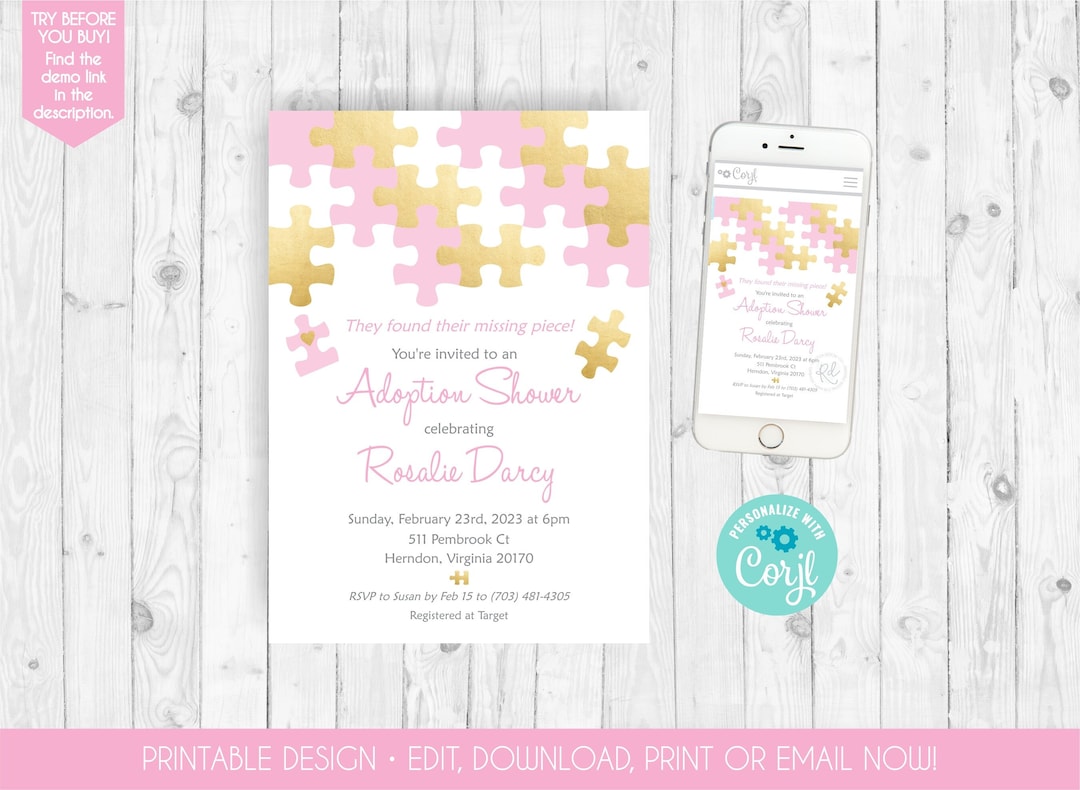 Girl Adoption Shower Invitation Printable Adoption Party Puzzle ...
